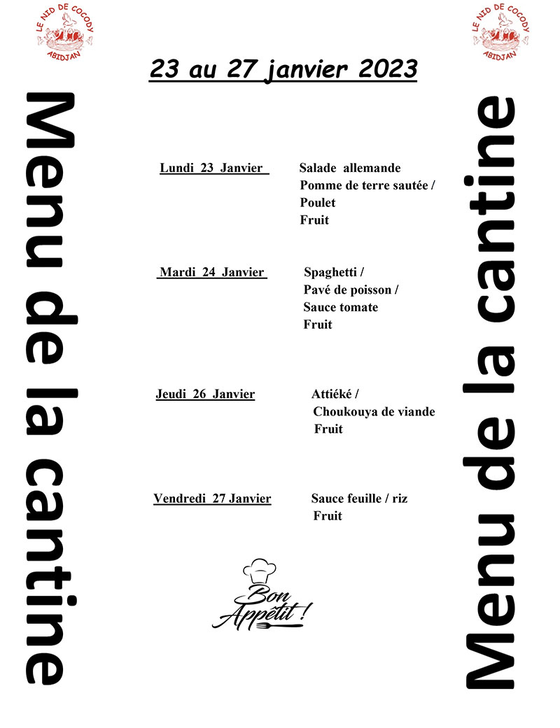 Menu de la cantine de la semaine du 23 au 27 Janvier 2023 - Le Nid De ...