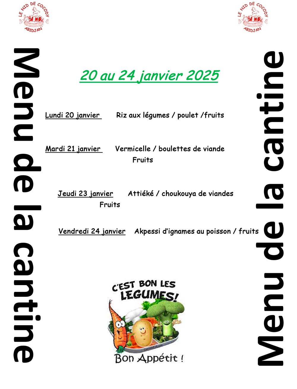Menu de cantine de la semaine du 20 au 24 janvier 2025 - Le Nid De Cocody
