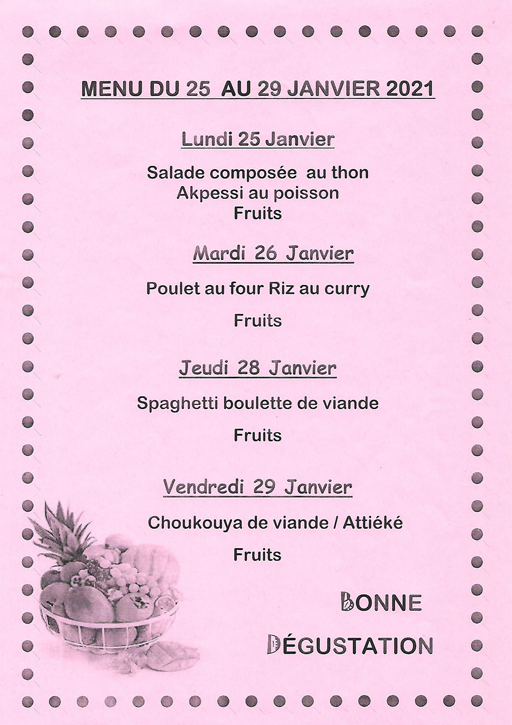 Menu de cantine de la semaine du 25 au 29 Janvier 2021 - Le Nid De Cocody